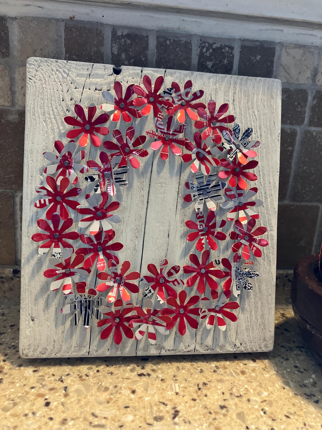 Coca-cola Flower Wreath on Wood - Metal Flower Wreath - Handmade Coke ...