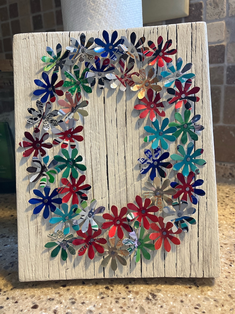 Metal Flower Wreath on Wood Board - Handmade Soda Can Art! Fun, Unique ...
