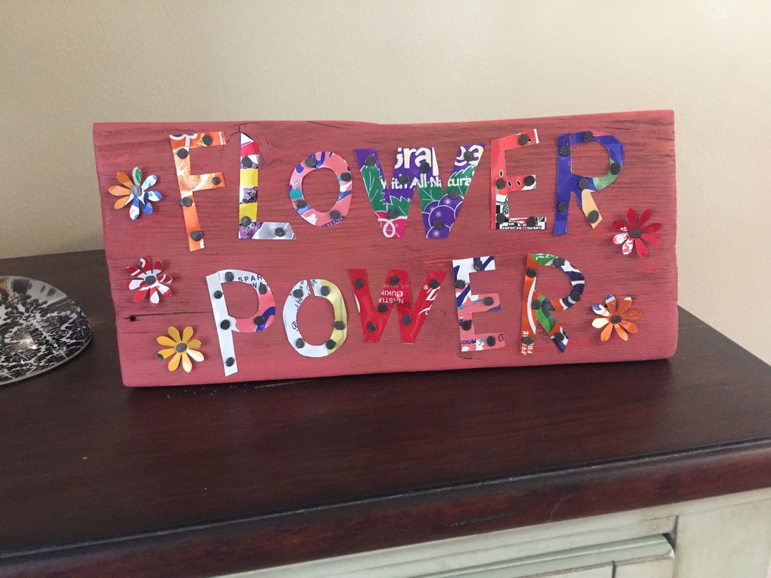 Flower Power Sign - Soda Can Art! Recycled Metal Art on Red Board ...