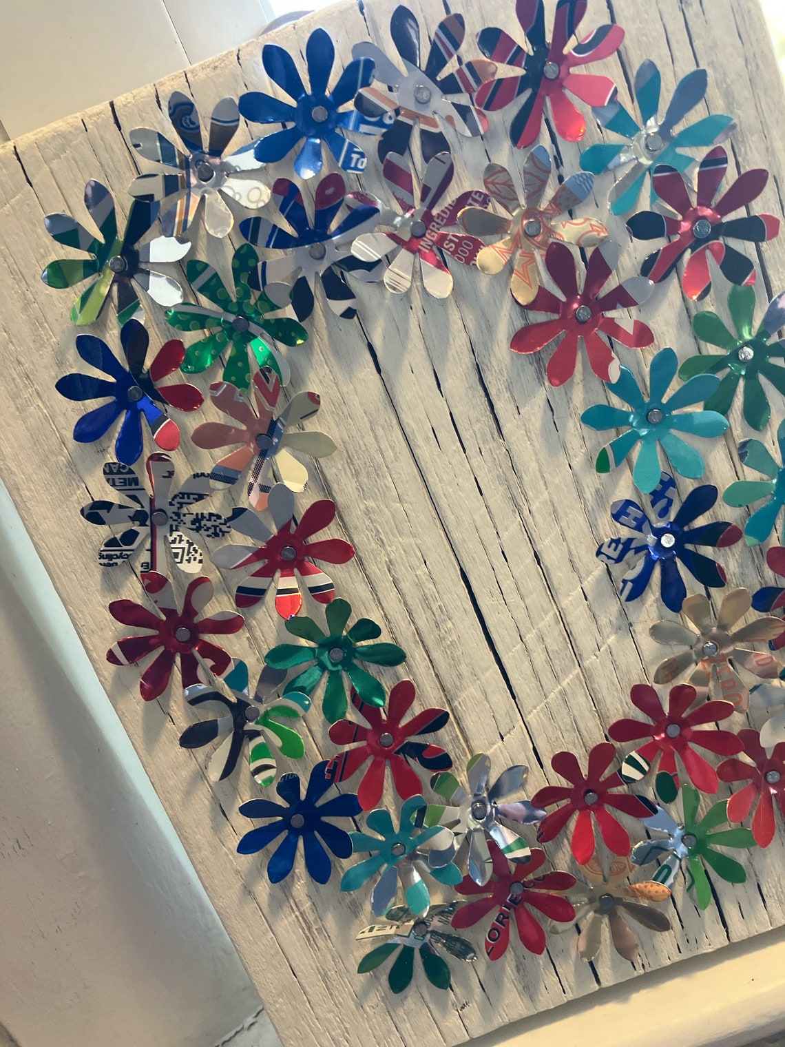 Metal Flower Wreath on Wood Board - Handmade Soda Can Art! Fun, Unique ...