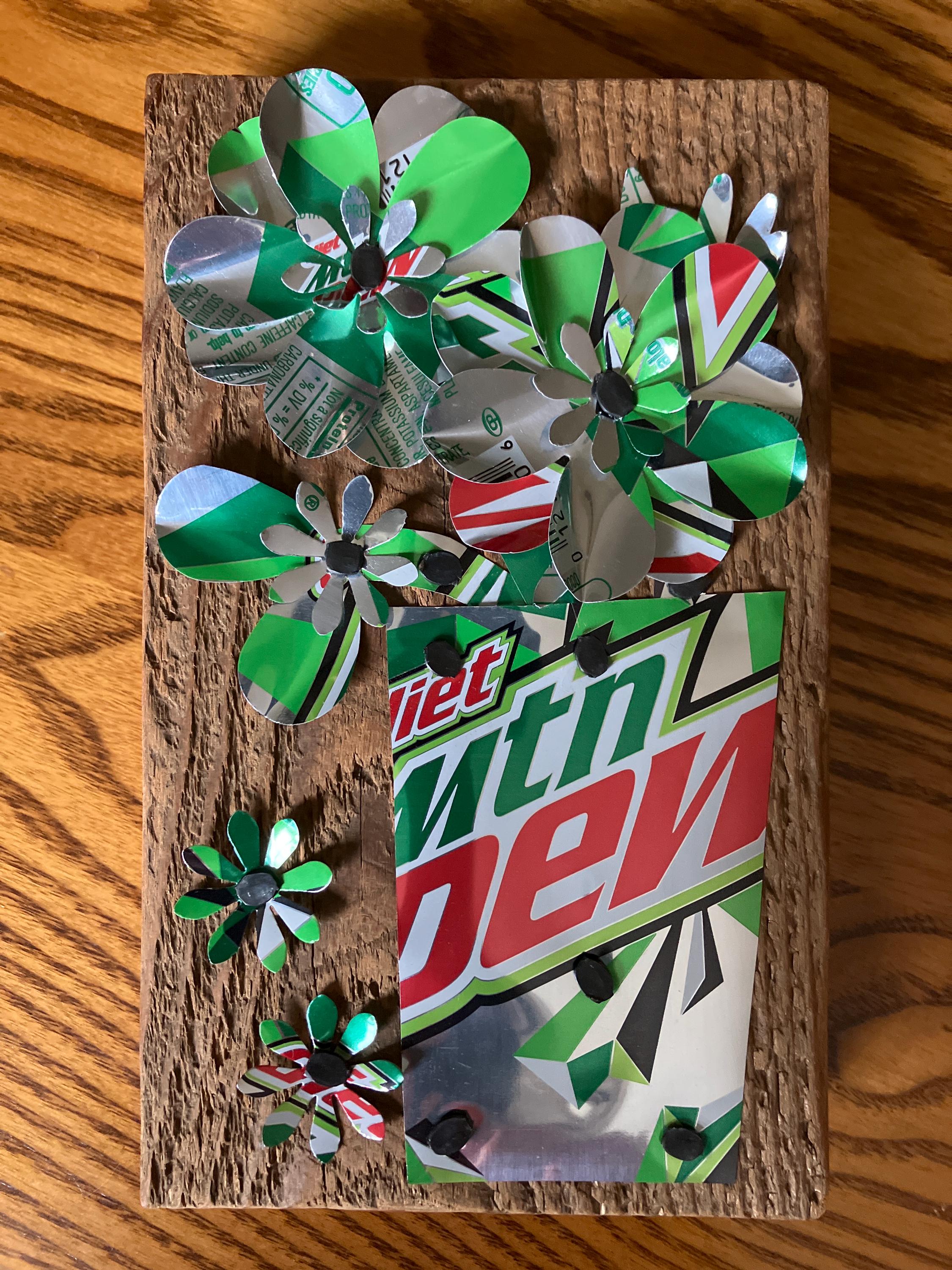 Mtn Dew Soda Can Art Flower Pot Sign on Wood Upcycled Pot of Flowers ...