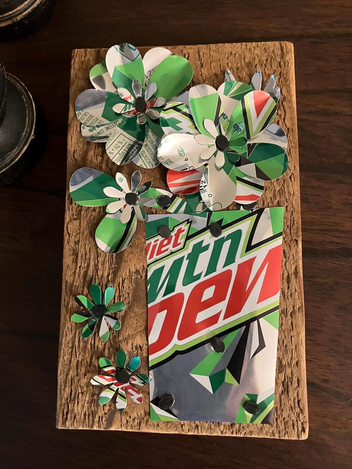 Mtn Dew Soda Can Art Flower Pot Sign on Wood Upcycled Pot of Flowers ...