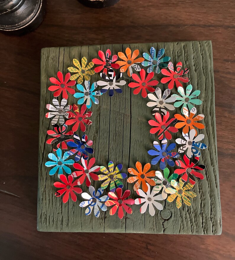 Multicolor Metal Flower Wreath on Green Board Fun Handmade Soda Can Art ...