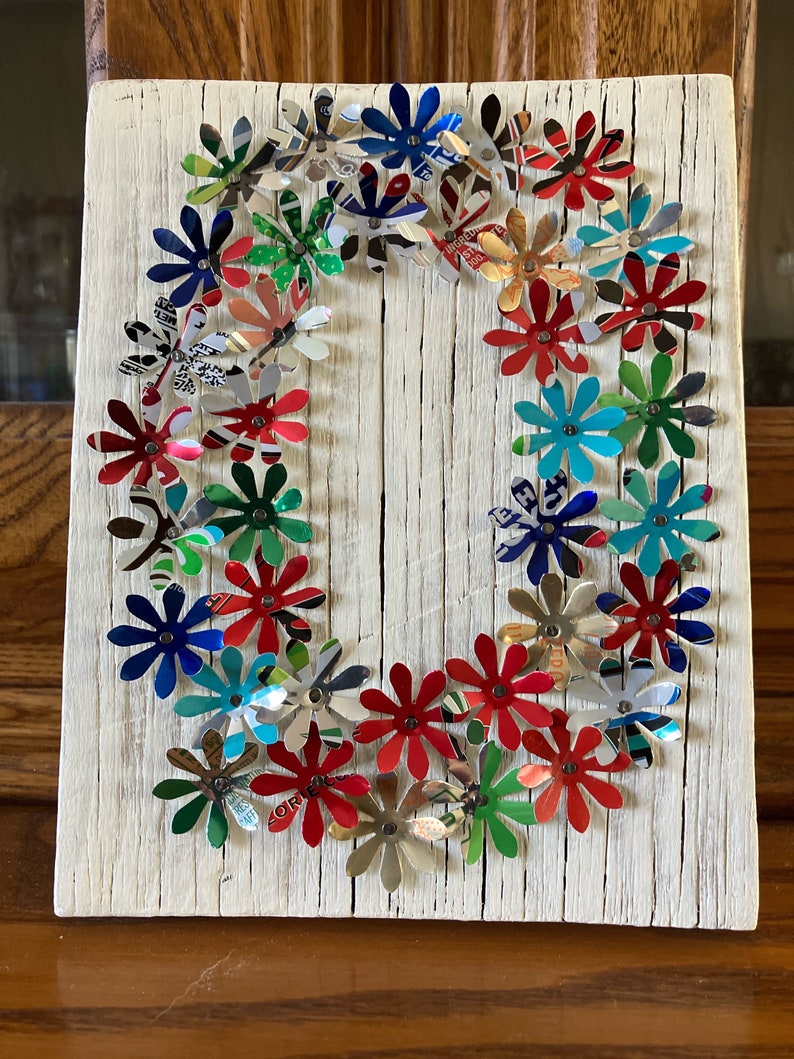 Metal Flower Wreath on Wood Board - Handmade Soda Can Art! Fun, Unique ...
