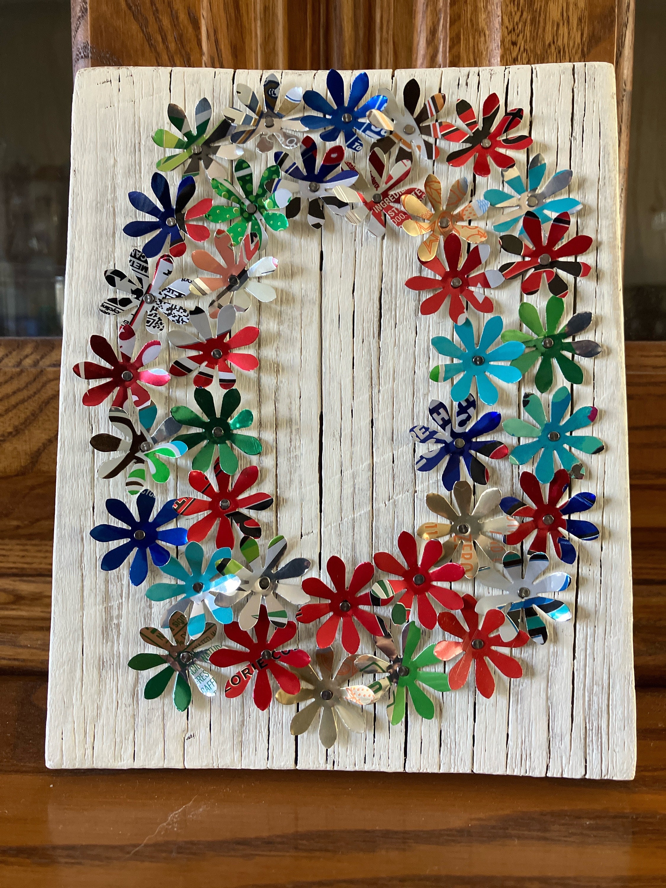 Metal Flower Wreath on Wood Board - Handmade Soda Can Art! Fun, Unique ...