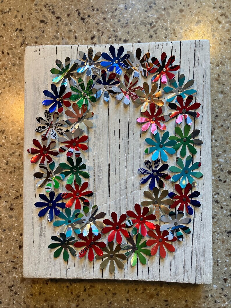 Metal Flower Wreath on Wood Board - Handmade Soda Can Art! Fun, Unique ...