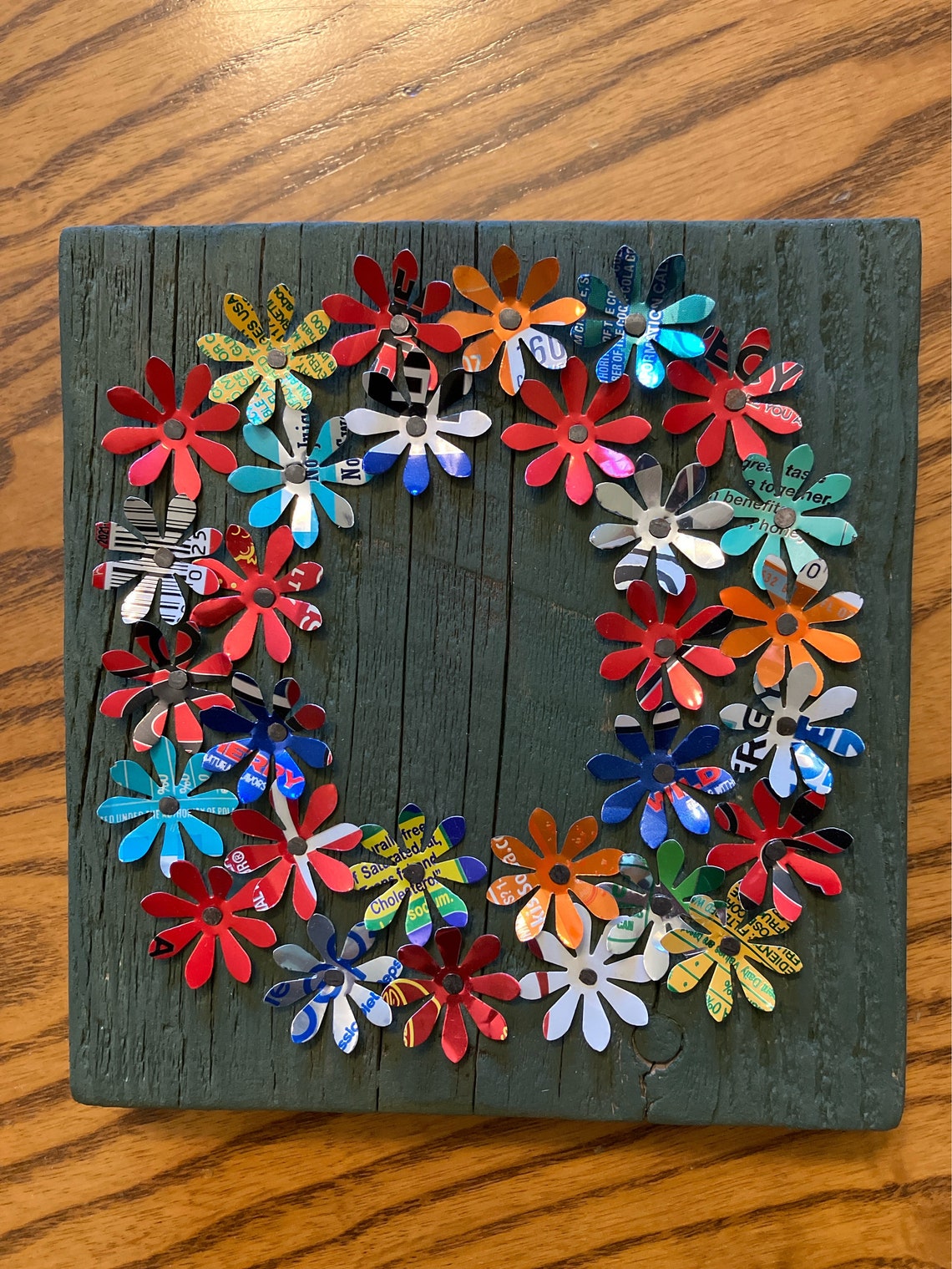 Multicolor Metal Flower Wreath on Green Board Fun Handmade Soda Can Art ...