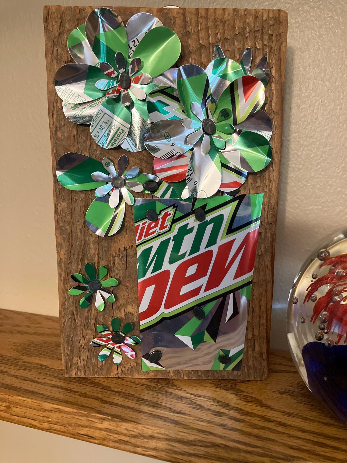Mtn Dew Soda Can Art Flower Pot Sign on Wood Upcycled Pot of Flowers ...