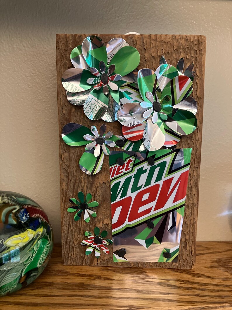 Mtn Dew Soda Can Art Flower Pot Sign on Wood Upcycled Pot of Flowers ...
