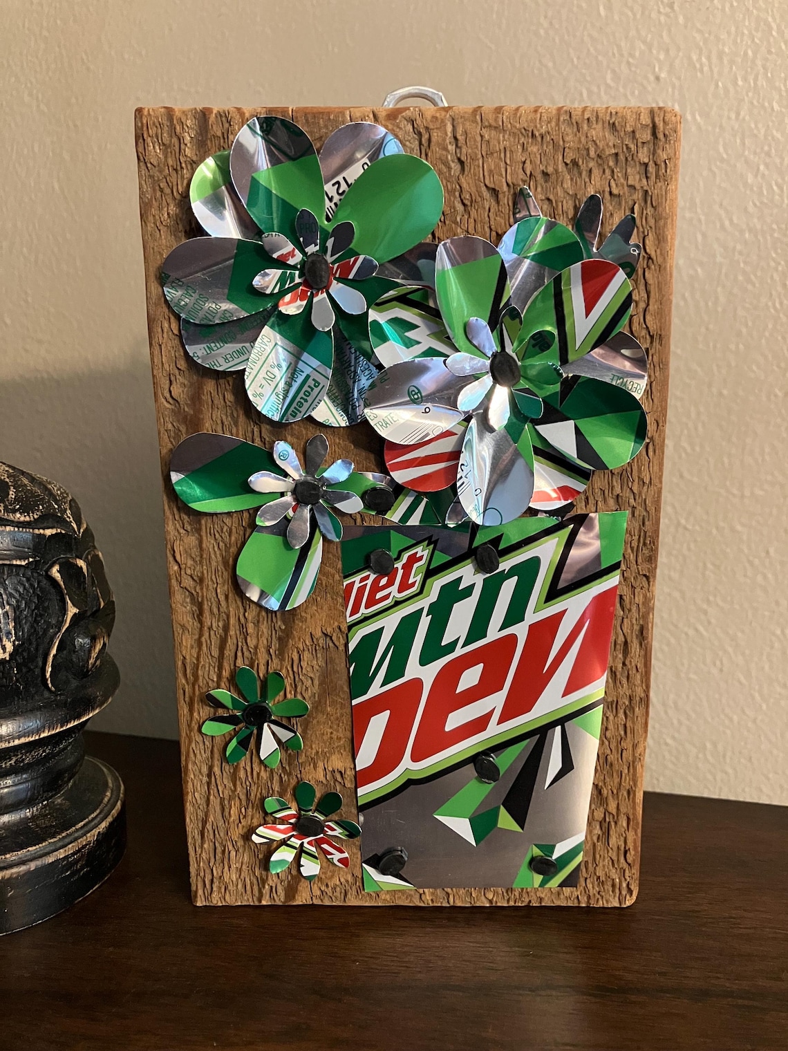 Mtn Dew Soda Can Art Flower Pot Sign on Wood Upcycled Pot of Flowers ...