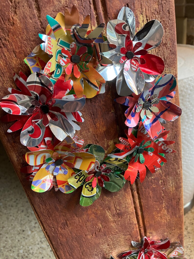 Metal Wreaths on Wood - Soda Can Art Wreath Board - Over-the-door Decor ...