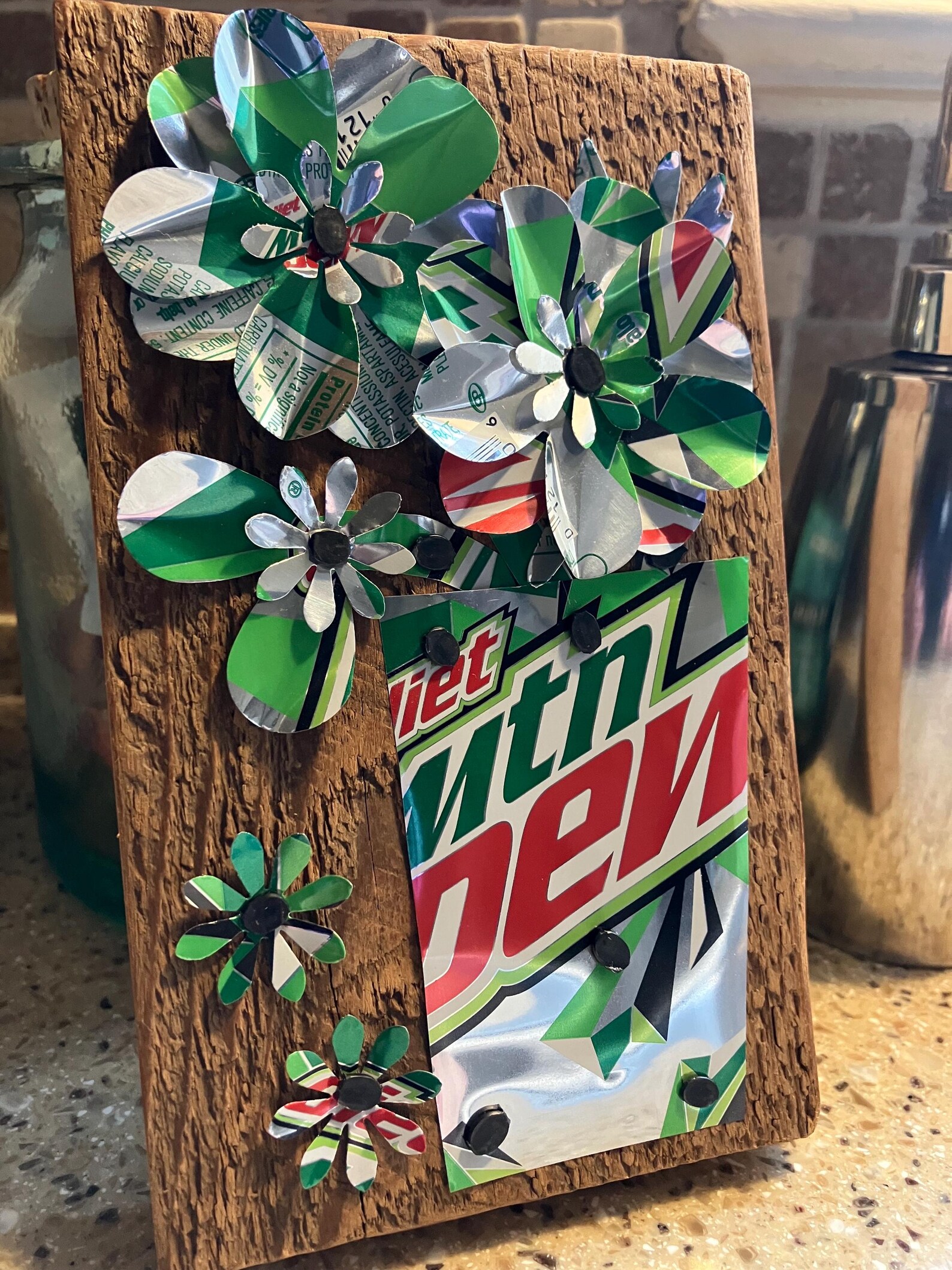 Mtn Dew Soda Can Art Flower Pot Sign on Wood Upcycled Pot of Flowers ...