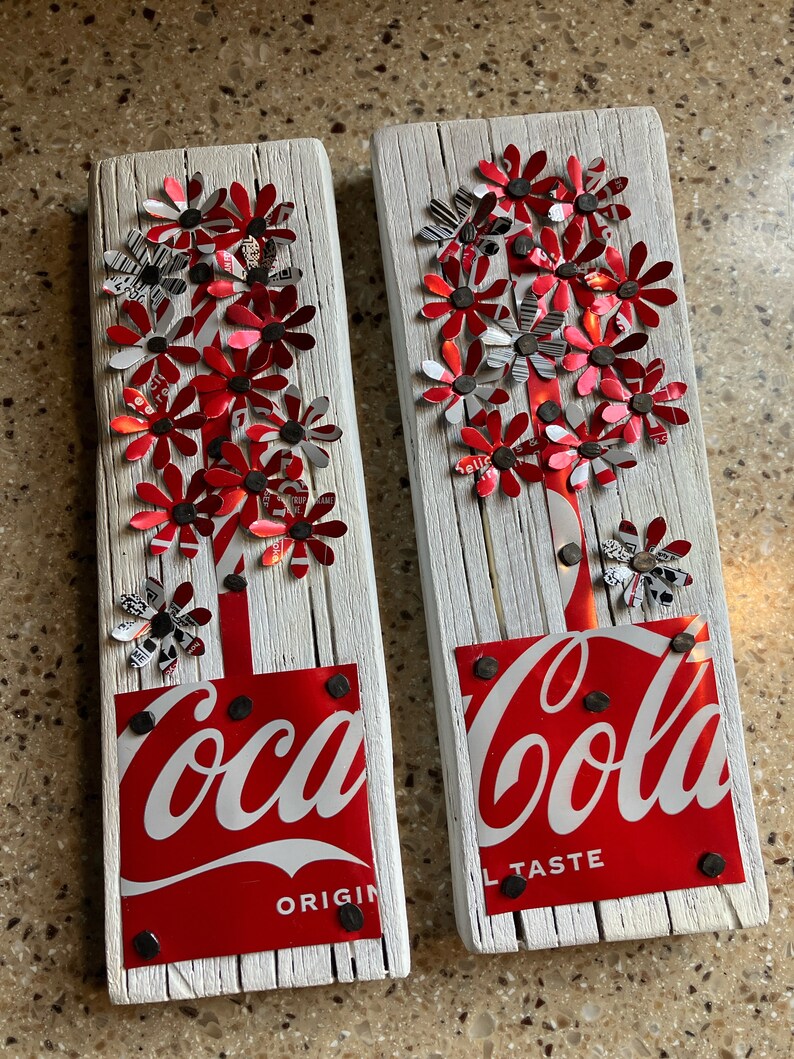 Coca-cola Trees in Pots Soda Can Art Metal and Wood Pair of Wall Signs ...
