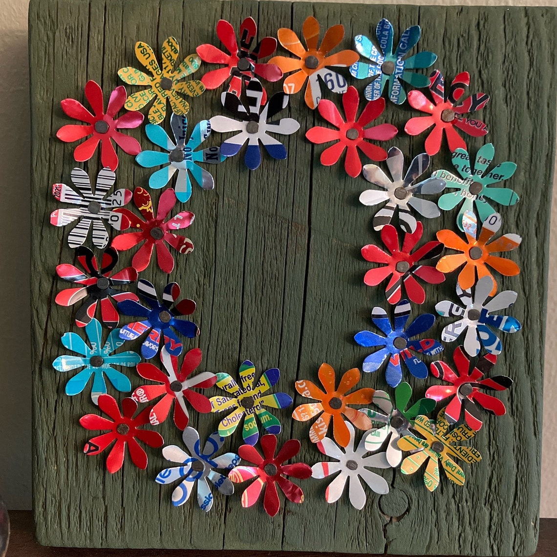 Multicolor Metal Flower Wreath on Green Board Fun Handmade Soda Can Art ...