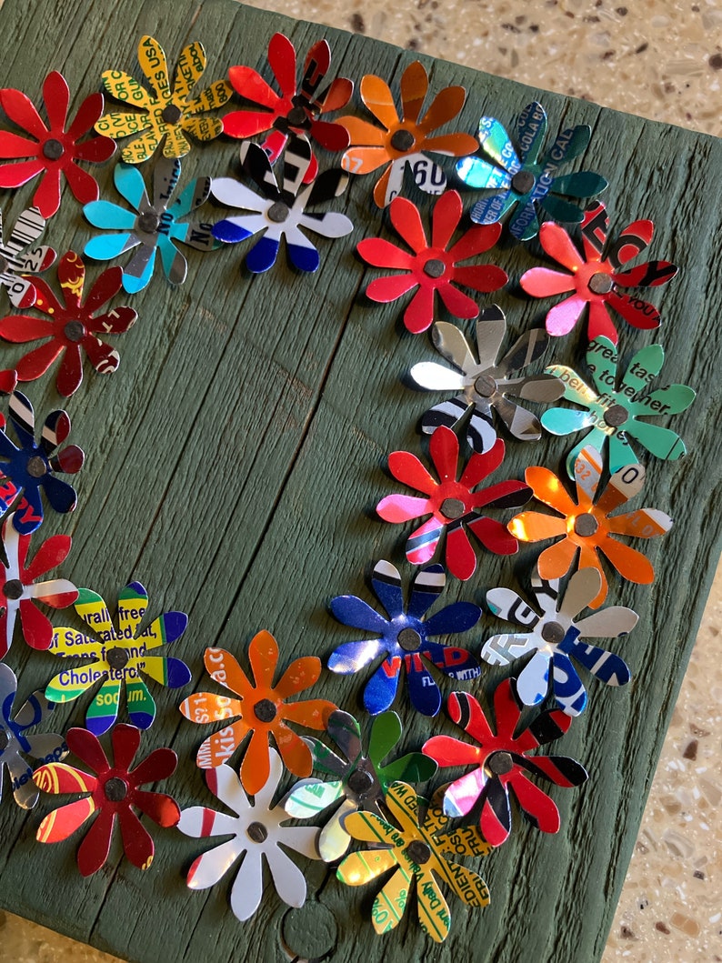 Multicolor Metal Flower Wreath on Green Board Fun Handmade Soda Can Art ...