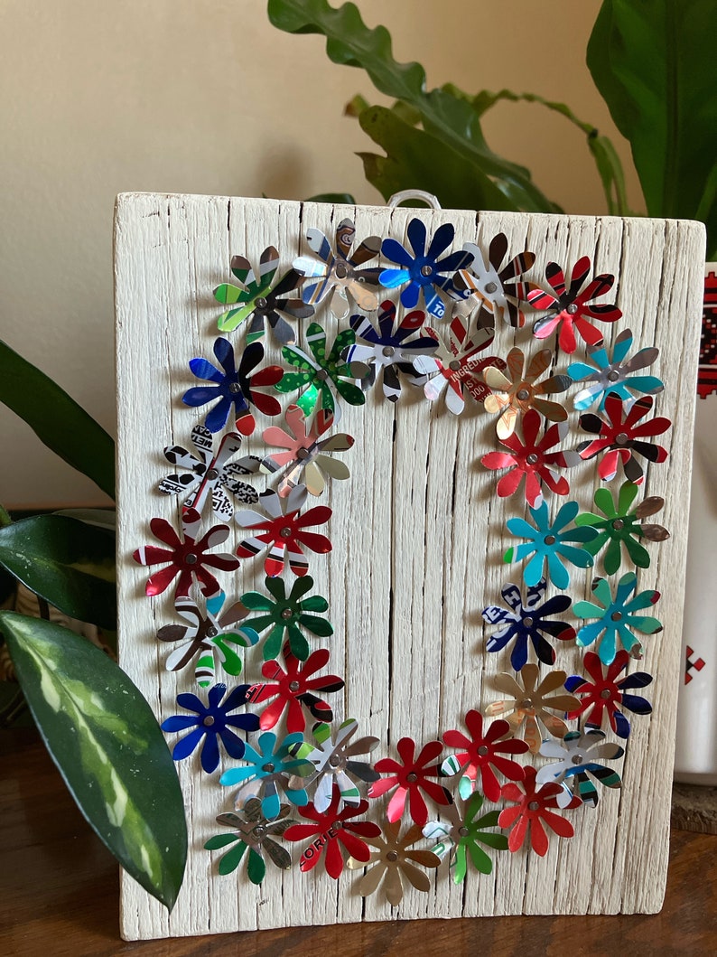 Metal Flower Wreath on Wood Board - Handmade Soda Can Art! Fun, Unique ...