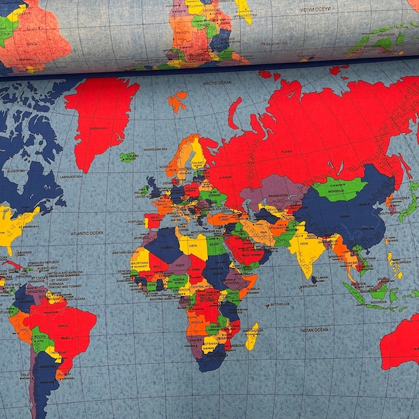 World Map Fabric Color In - Etsy