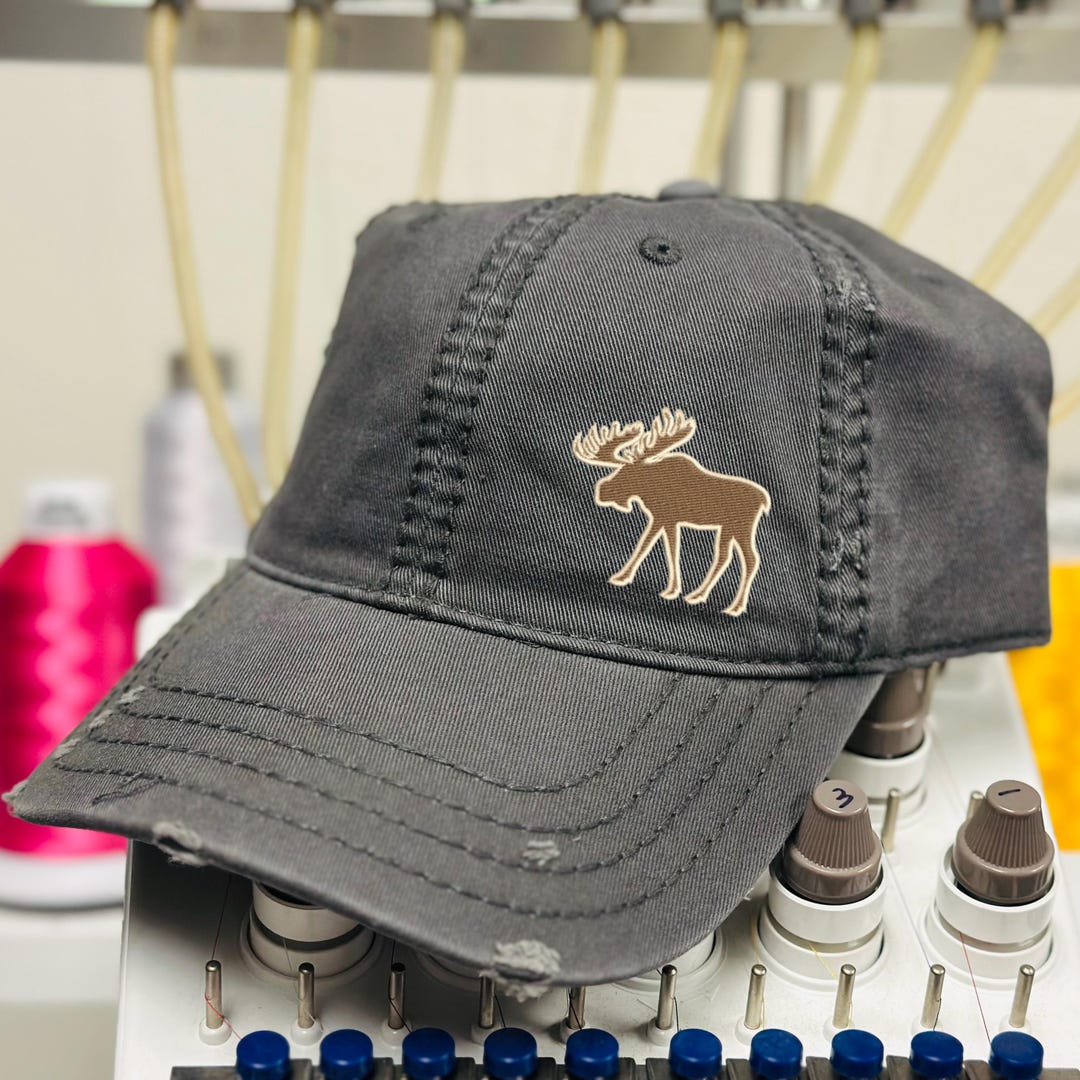 Embroidered Moose Cap: Distressed Cotton Cap, Forest Wildlife Hat ...