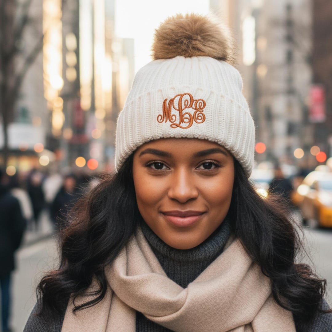 Custom Embroidered Knit Beanie Winter Hat, Personalized Pom-pom Beanie ...