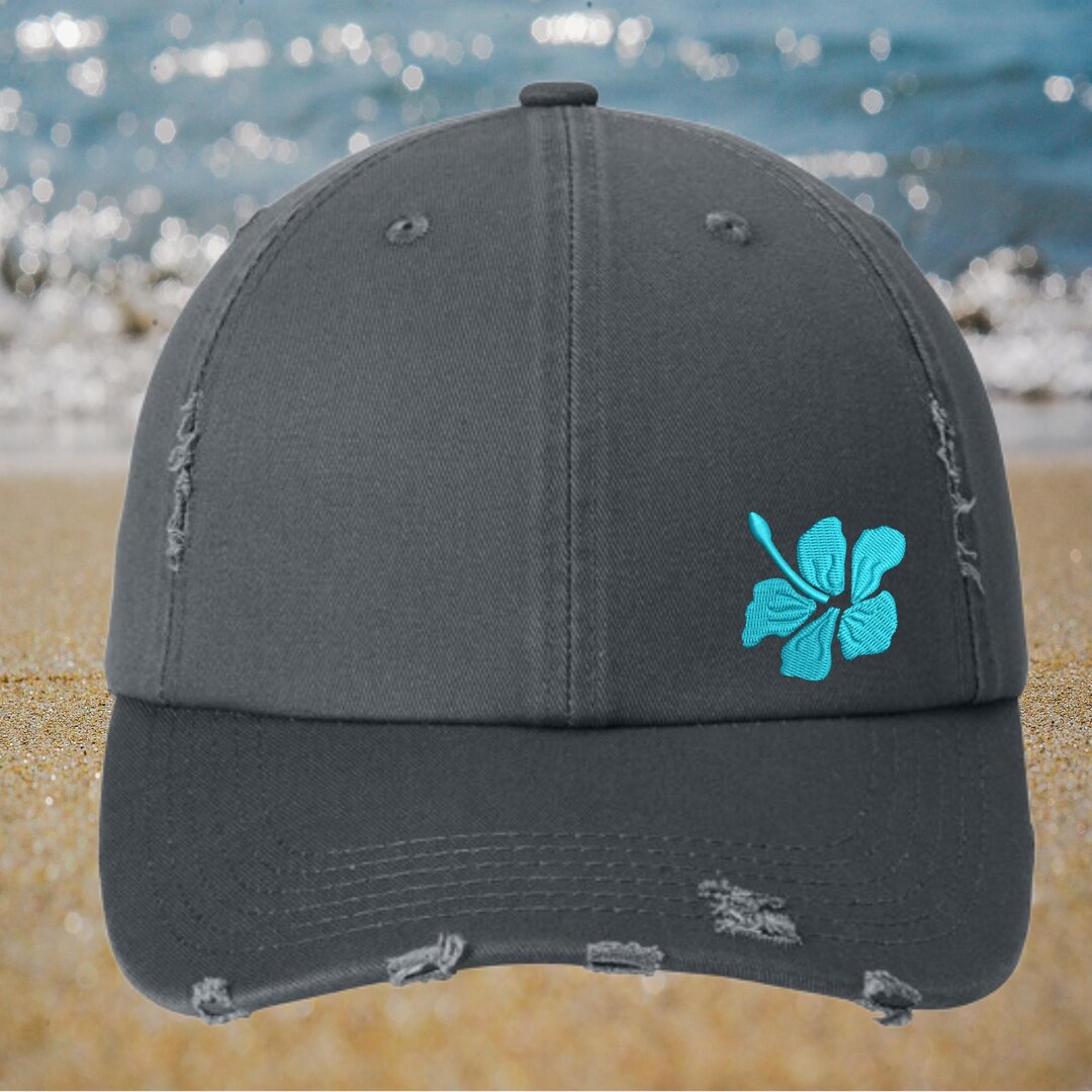 Hibiscus Flower Embroidered Hat, Distressed Cap, Aloha Hibiscus Hat ...