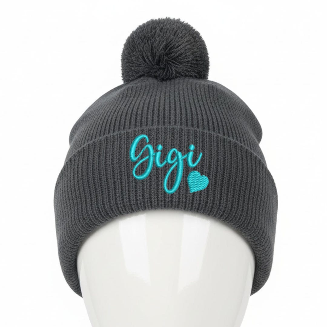 Emberoidered Gigi Beanie, Grandma Gift, Gigi Hat With Faux Fur Pom - Etsy