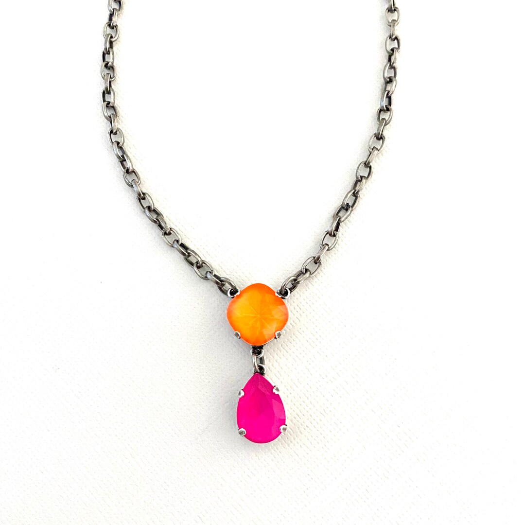 Electric Neon Orange and Hot Pink Crystal Drop Necklace / Antique ...