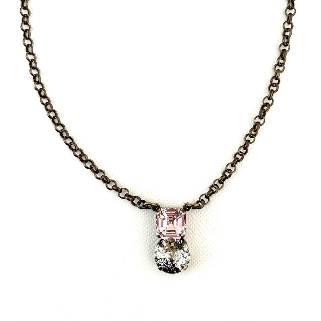 Soft Rose Pink / Patina Square and Round Cut Two Crystal Necklace ...