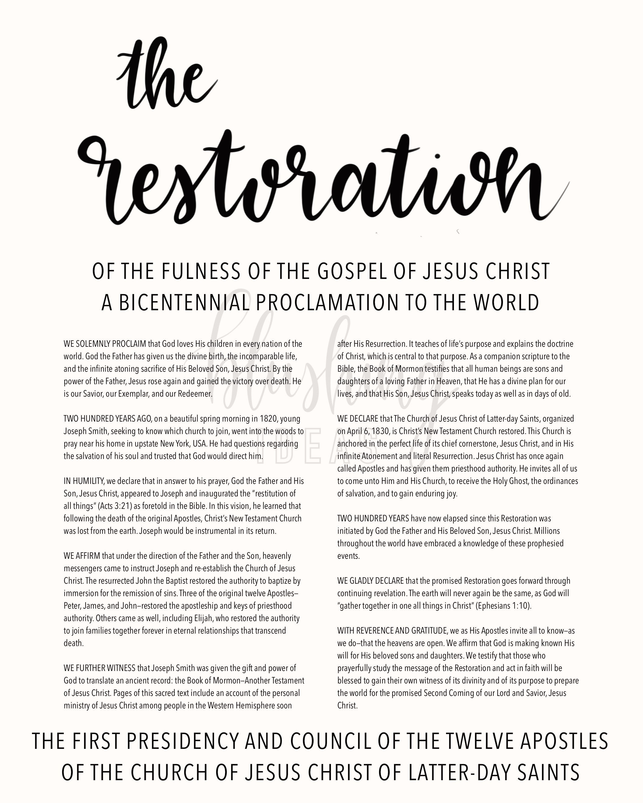 The Restoration Proclamation Print, Instant Download, LDS Print - Etsy