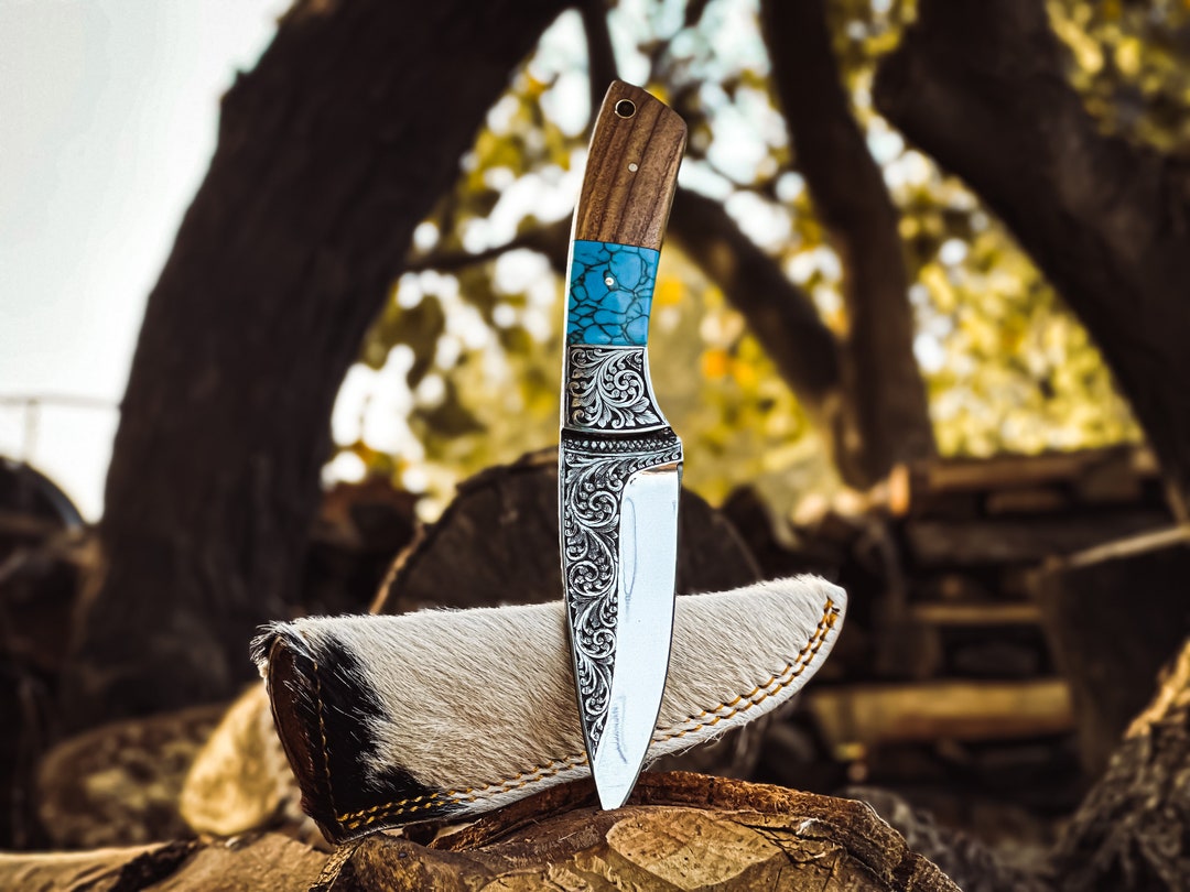 Hand-engraved Stainless Steel Hunting Knife With Sheath Turquoise ...