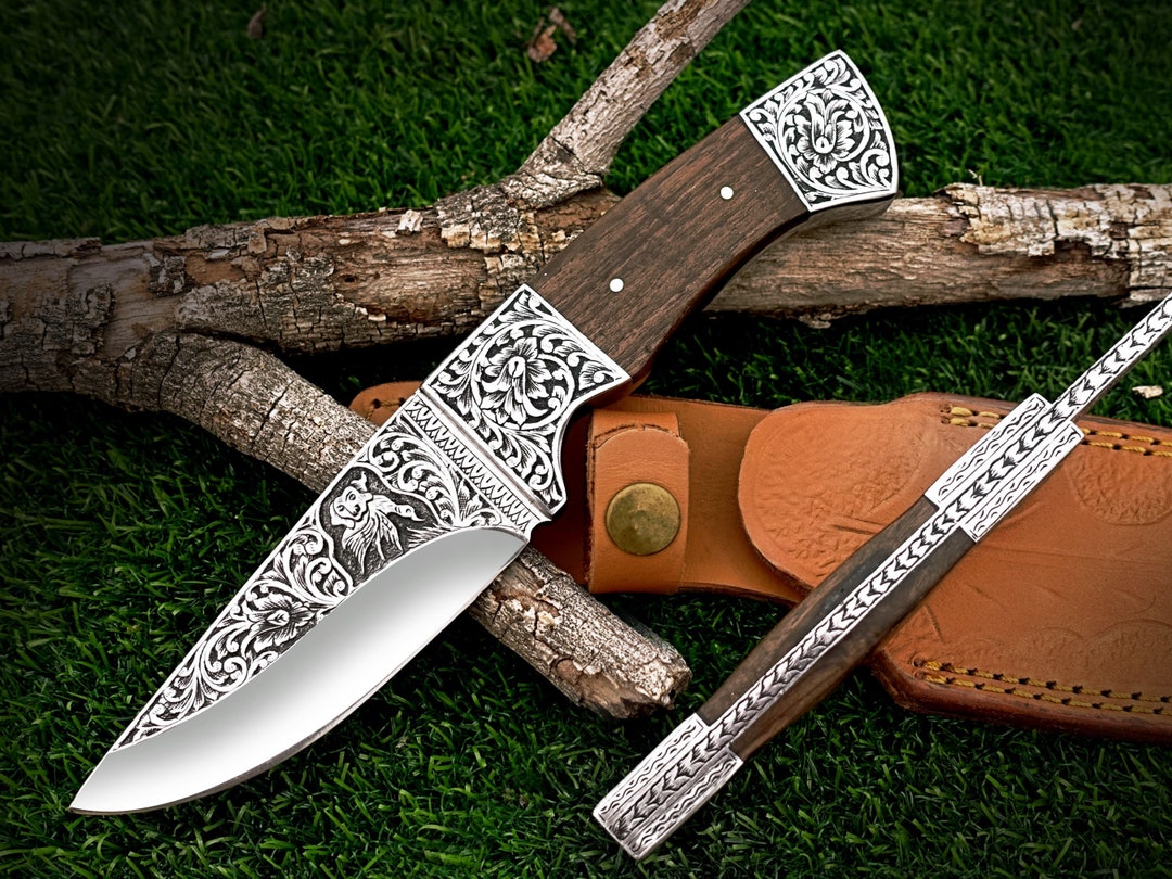 Hand-engraved Stainless Steel Hunting Knife With Sheath Rose - Etsy