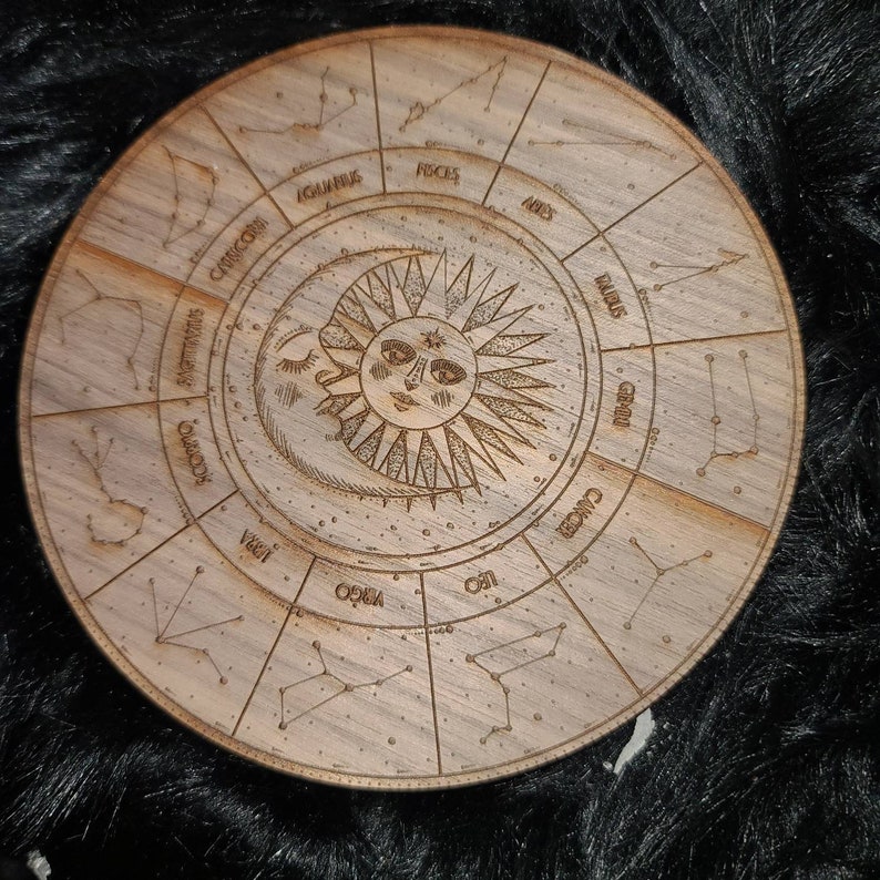 Zodiac Wheel Constellation - Engraved Wood Board, Astrology, Stars, Sun ...