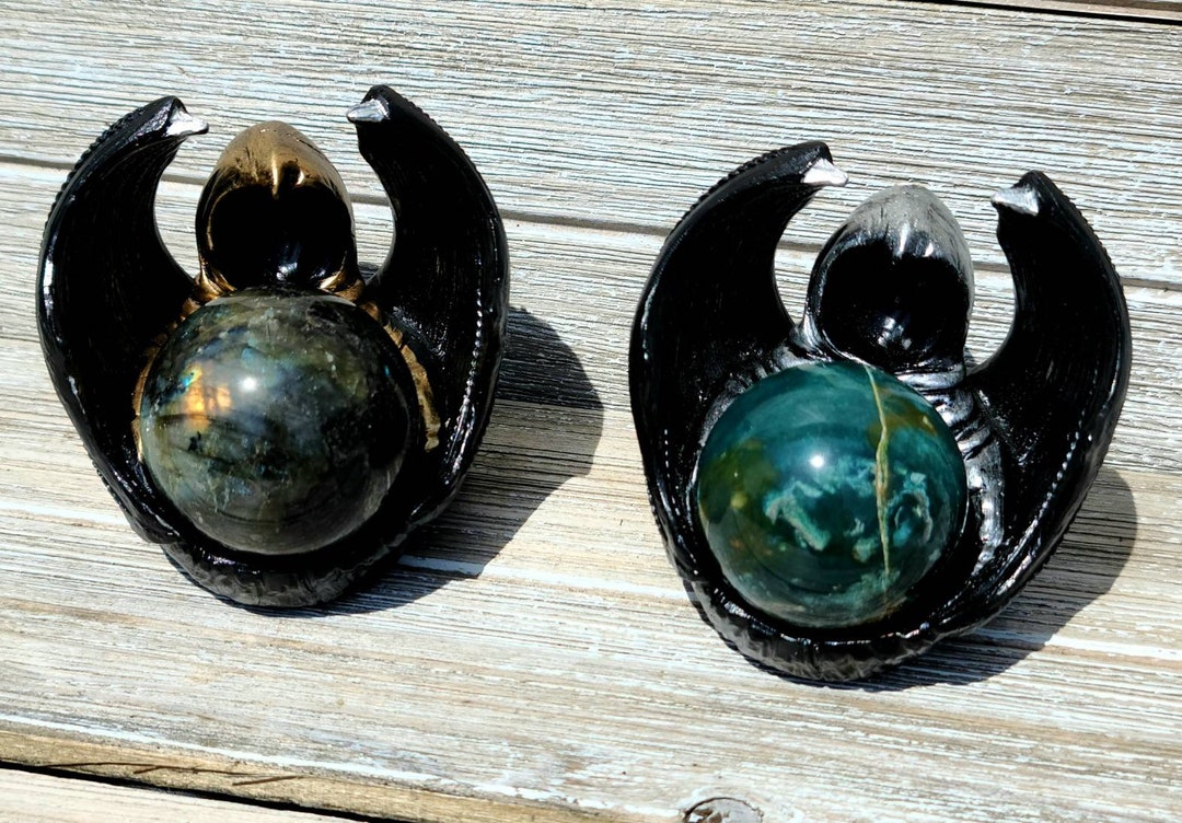 1 Black Hooded Winged Sphere Stand Crystal Ball Holder, Altar Decor ...