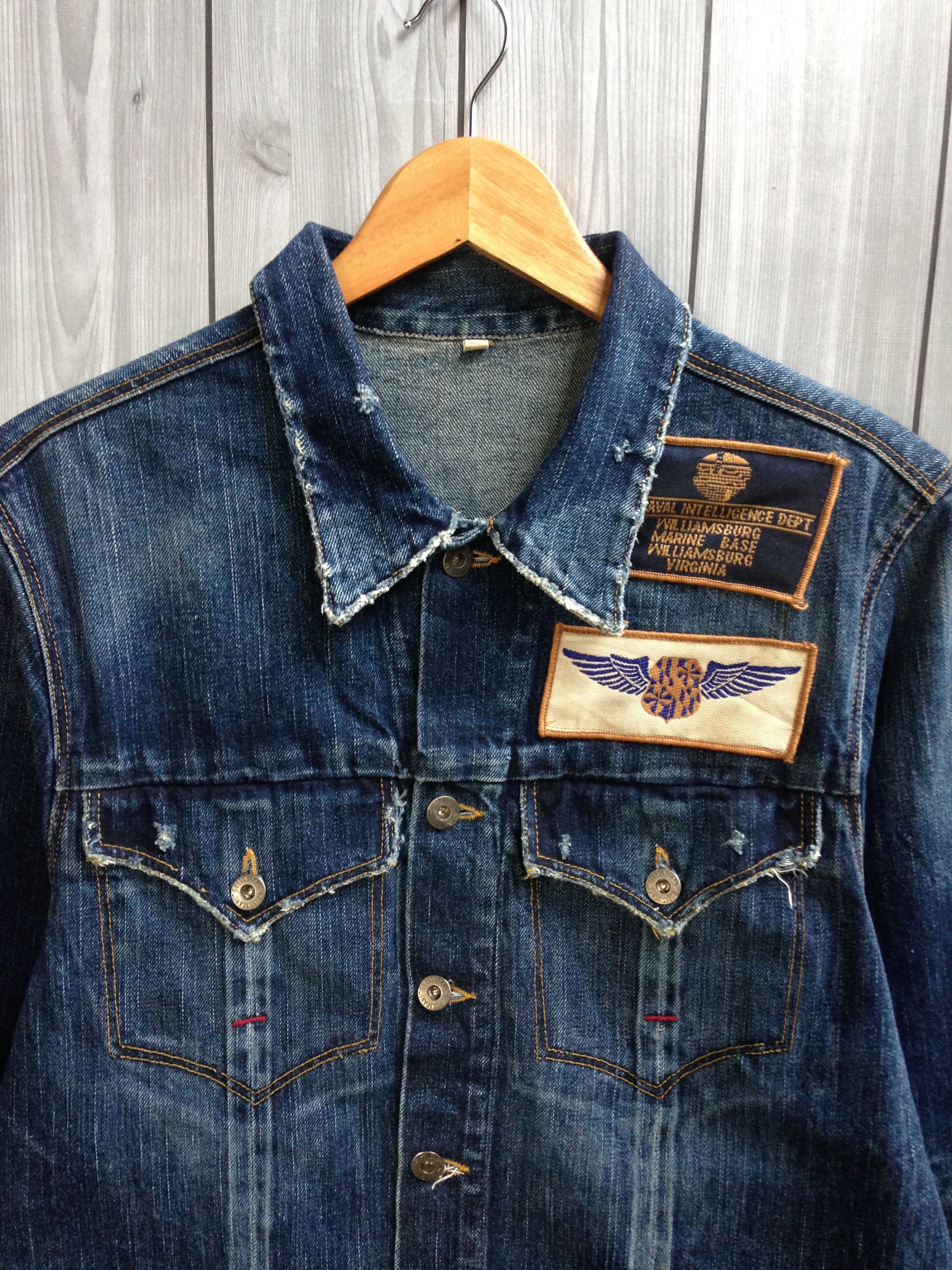 Guess Denim Jackets Military Navy Distressed Patches Badge Jeans Biker ...