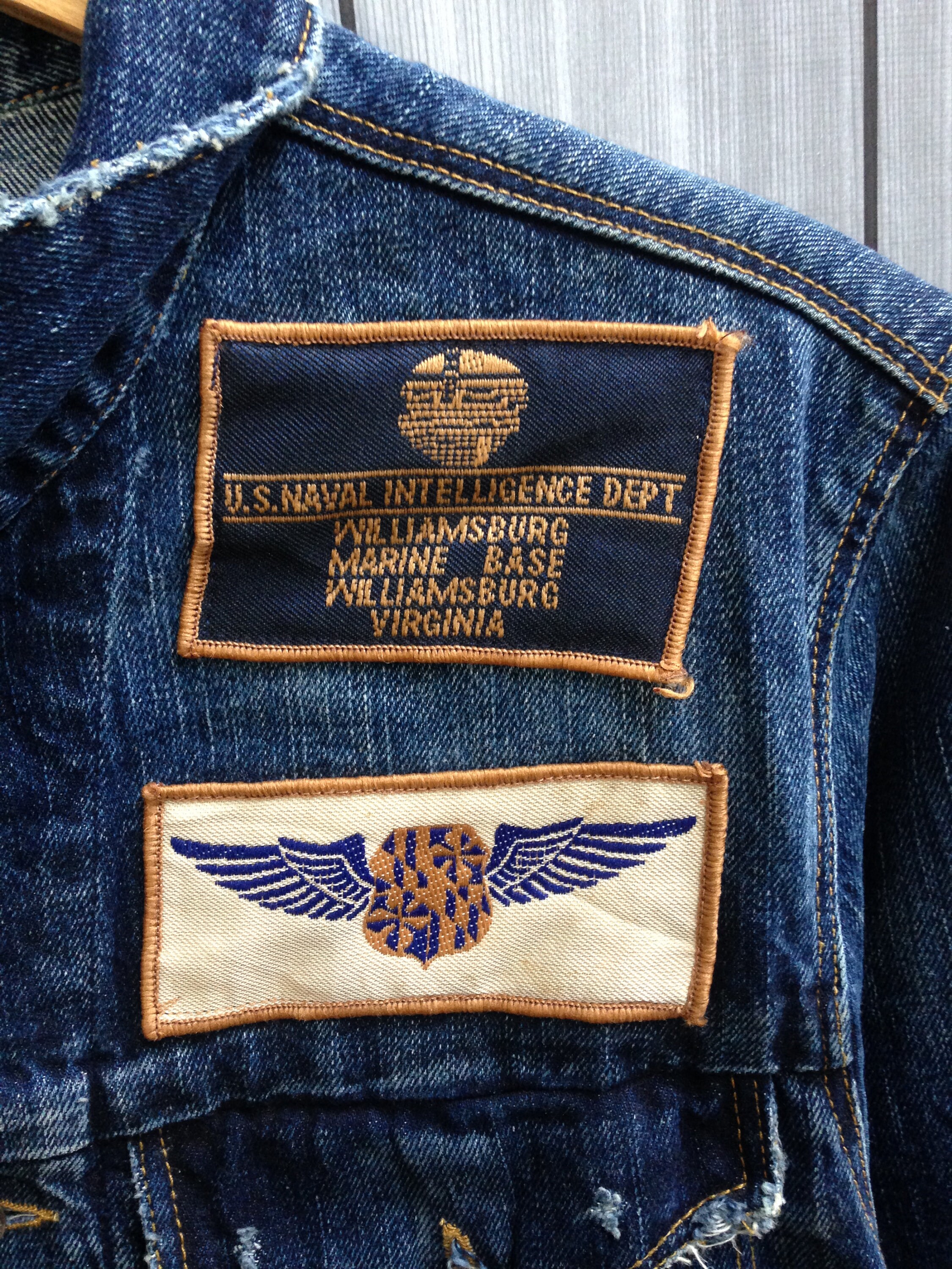 Guess Denim Jackets Military Navy Distressed Patches Badge Jeans Biker ...