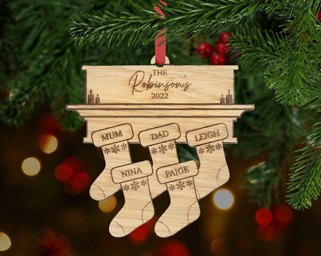 Personalised Family Fireplace Stocking Ornament I Engraved, Wooden ...