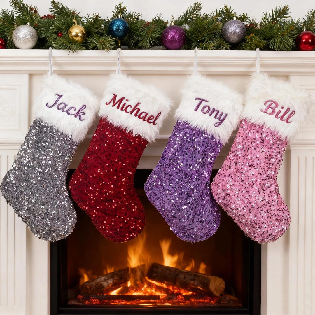 Personalized Sequin Christmas Stocking, Embroidered Name, Plush Faux ...