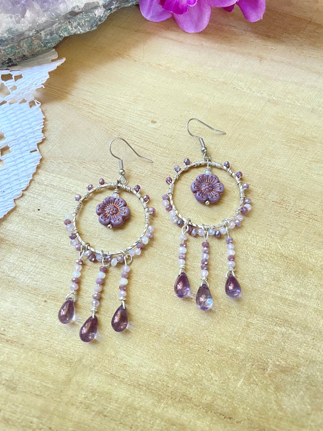 Lavender Crystal Flower Hoop Earrings, Sparkly Dangle Jewelry - Etsy