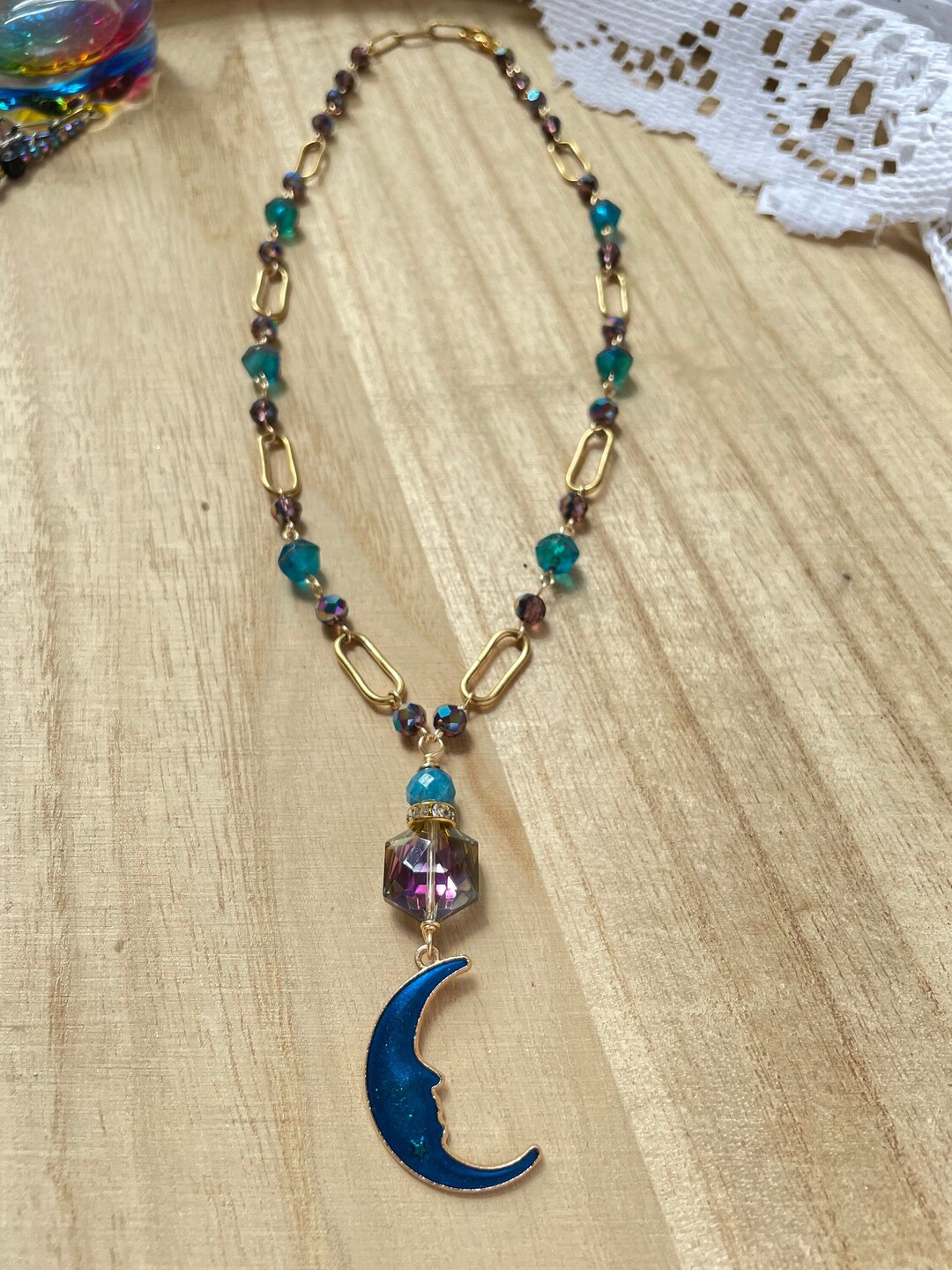 Celestial Moon Necklace, Crescent Moon Pendant, Beaded Chain Necklace ...
