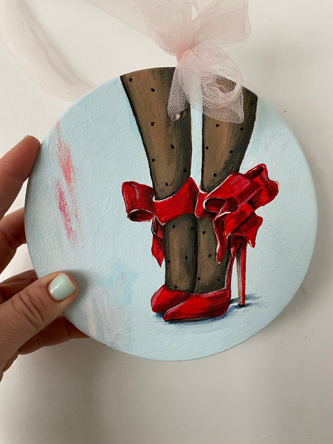 Red Shoes ORIGINAL PAINTING Woman's Feet High Heel Shoes Lady Wooden ...