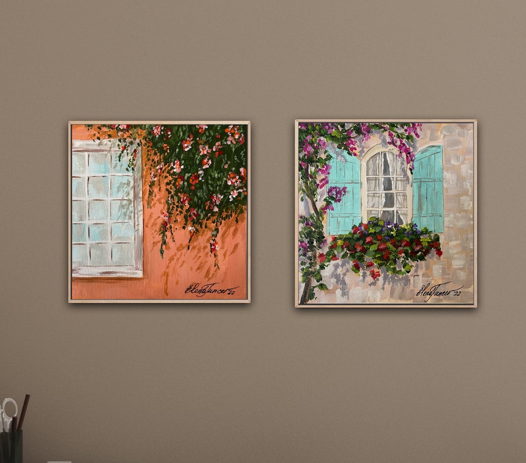 Italian Street Flower Painting Set: Original Acrylic Diptych (4.7x4.7 ...