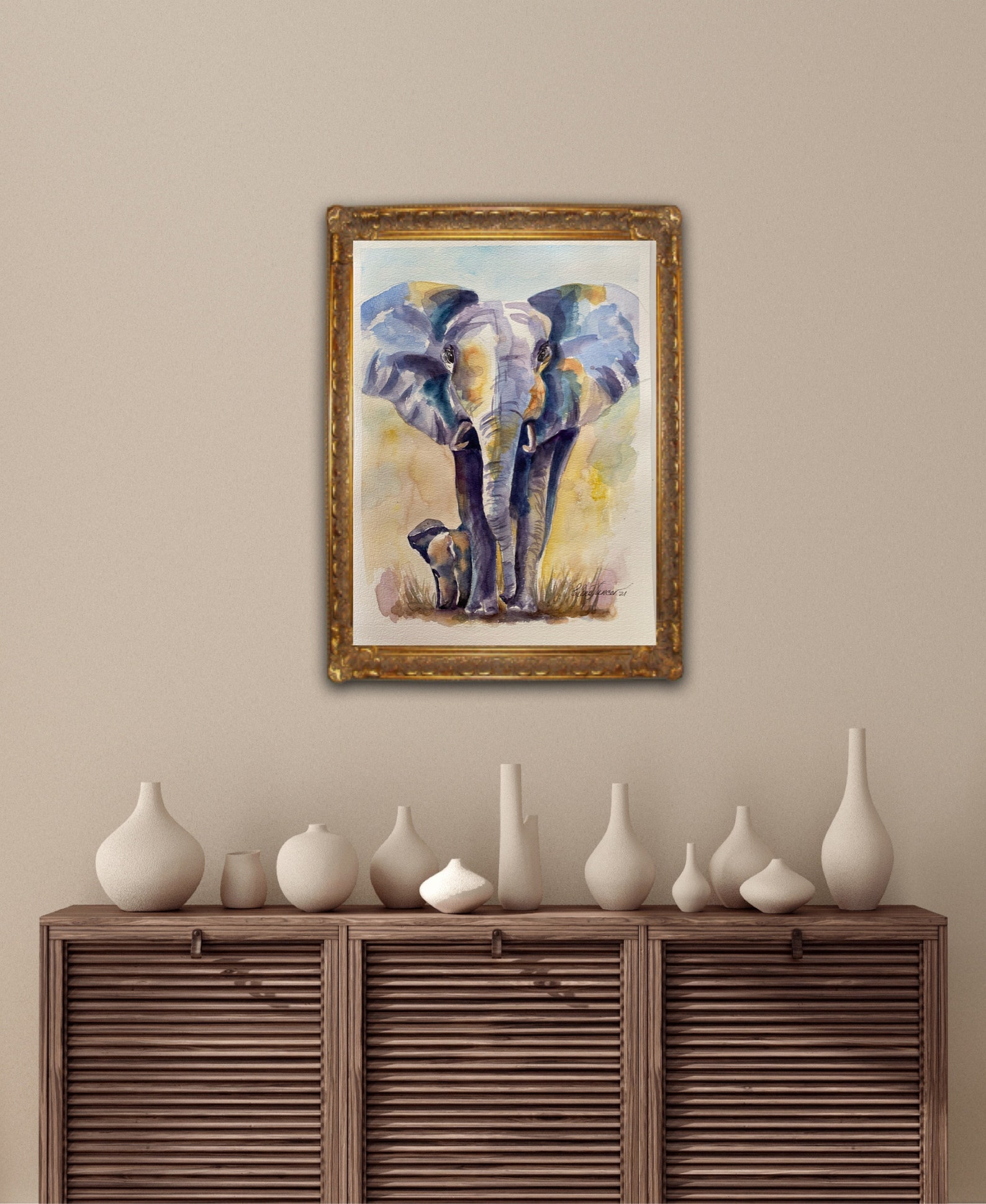 Elephant Family Portrait ORIGINAL Painting African Mom & Baby ...