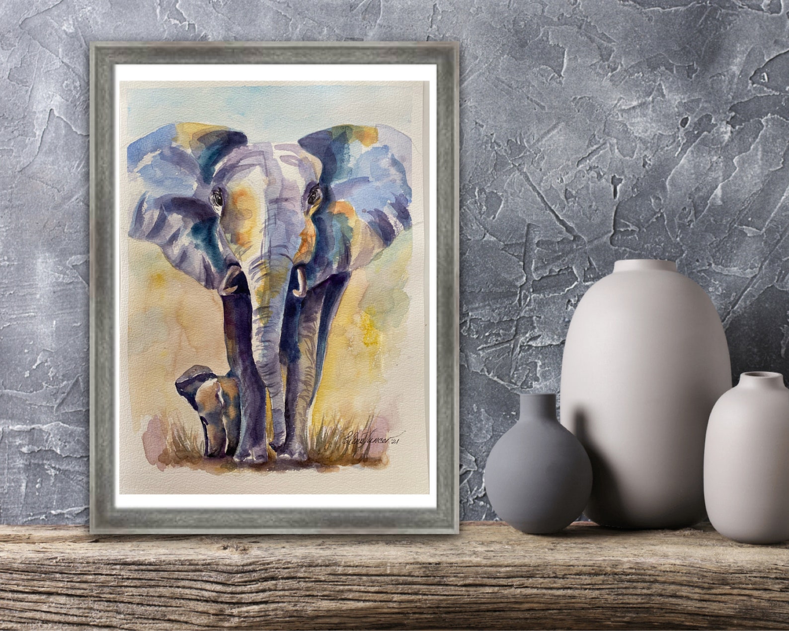 Elephant Family Portrait ORIGINAL Painting African Mom & Baby ...