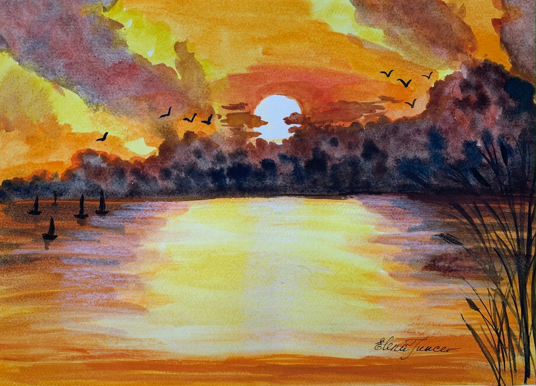 Sea Sunset PINTURA Paisaje marino ORIGINAL Acuarela Obra 9 por 14 Papel ...