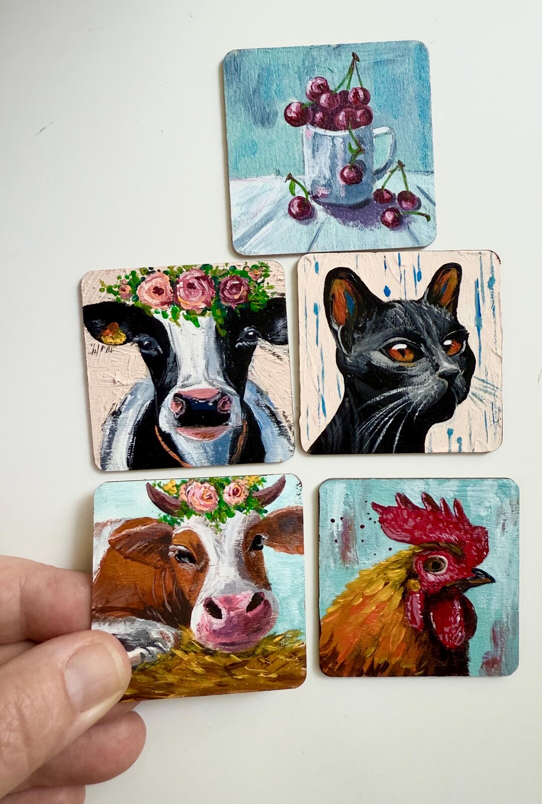 Miniature Farm Animal ORIGINAL Painting Set of 5, Small Acrylic Still ...