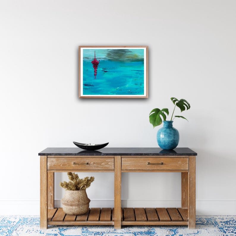 Abstract Seascape Original Painting: Red Boat, Lake Tahoe Acrylic ...