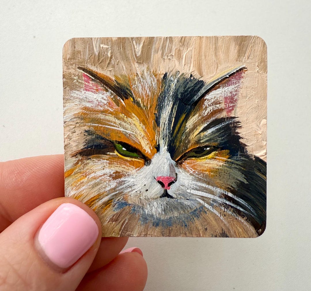Cat ORIGINAL Painting Acrylic Animal Wood Board 2x2 Tiny Unique ...