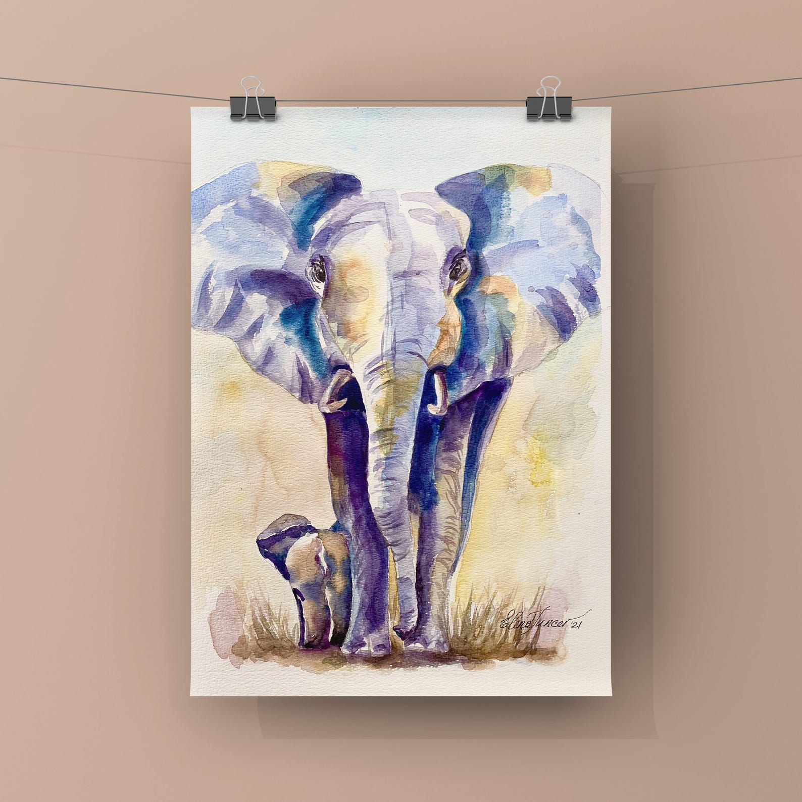 Elephant Family Portrait ORIGINAL Painting African Mom & Baby ...