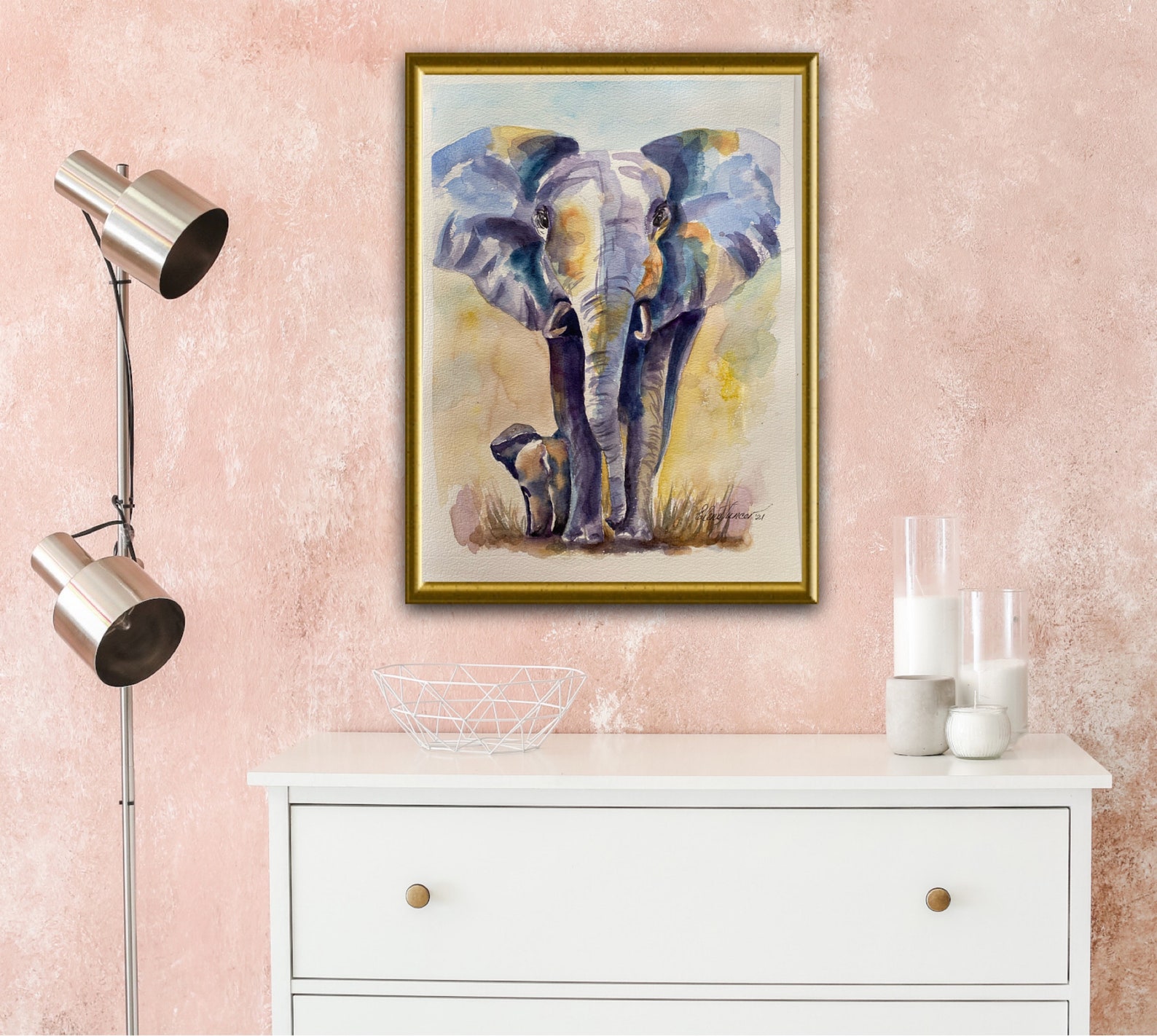 Elephant Family Portrait ORIGINAL Painting African Mom & Baby ...