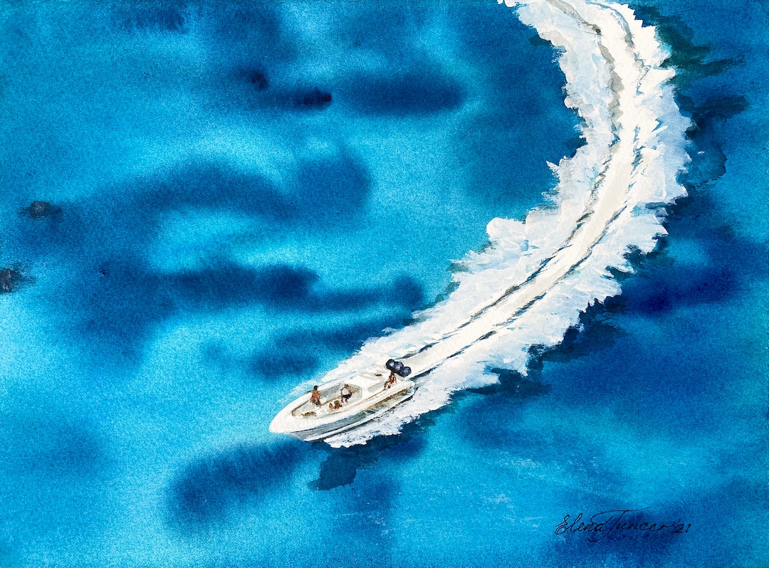 Speed Boat PAINTING Seascape ORIGINAL Wave Traces Crystal Blue Sea View ...