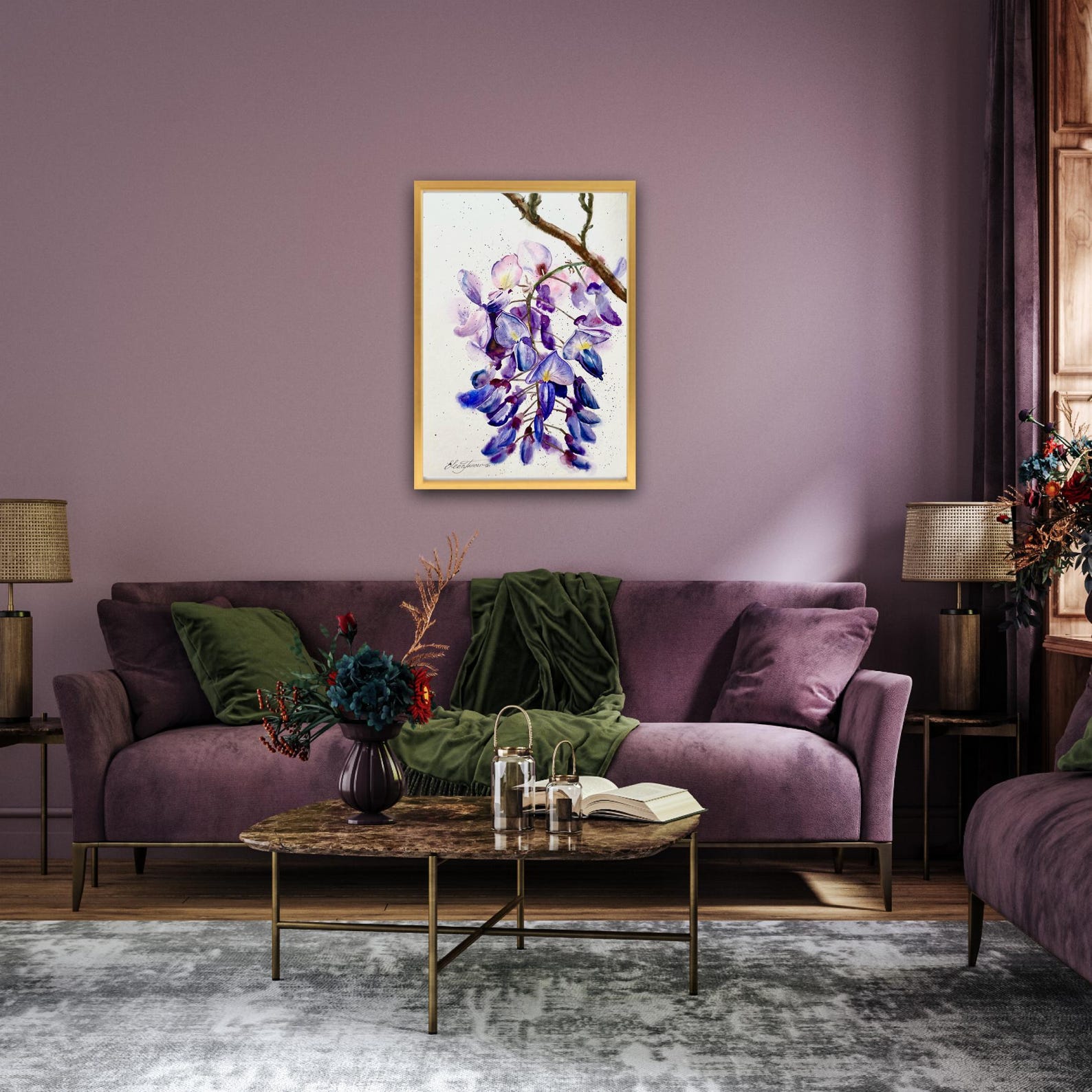 Wisteria PAINTING Floral ORIGINAL Floral Watercolor Flowers 12"x18" UNFRAMED Blossom Purple ...